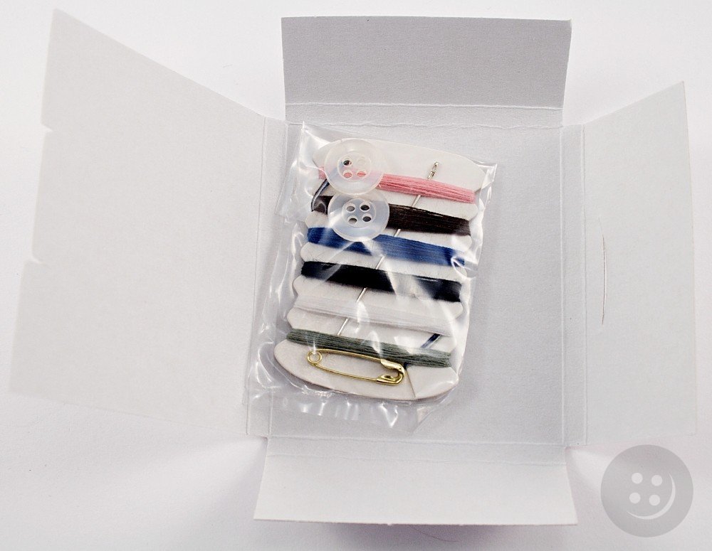 Pocket sewing kit - 6 threads, needle, 2 buttons and safety pin ...